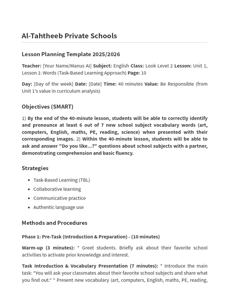 Lesson Plan Words Lesson TBL | PDF | Reading Comprehension | Applied ...