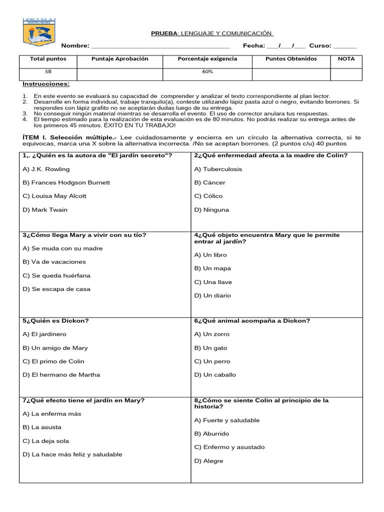 Prueba El Jardin Secreto (6to Basico) | PDF