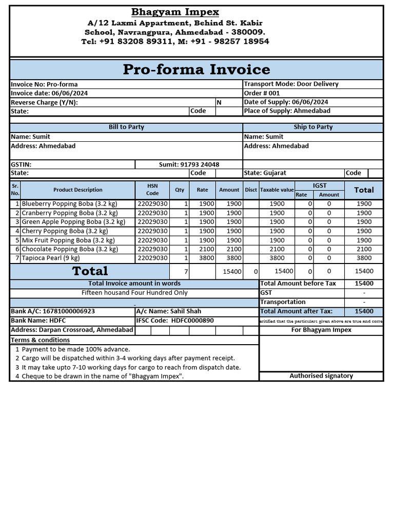 Order # 001 Pro-Forma Invoice - Sumitbhai, Ahmedabad | PDF | Payments ...