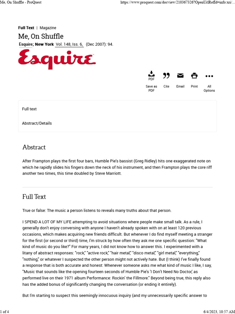 Klosterman Me, On Shuffle Esquire 2007 | PDF