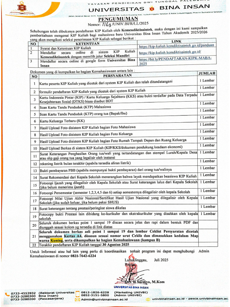 Pengumuman Kip Kuliah Maba Tahun 2025 | PDF