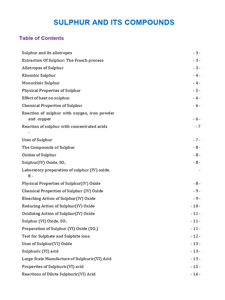 Sulphur and Its Compounds Overview | PDF | Sulfur | Sulfuric Acid