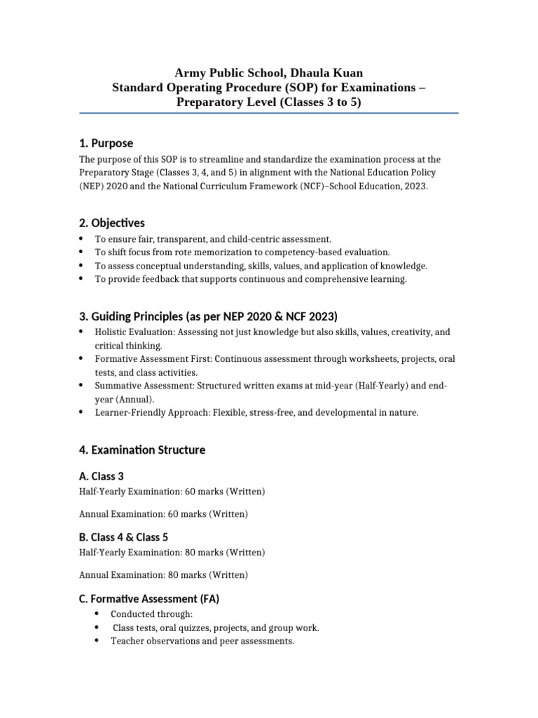Army Public School Exam SOP for Classes 3-5 | PDF | Educational ...