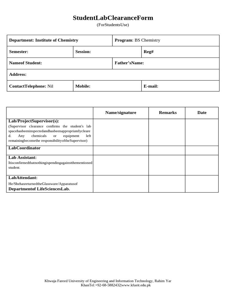 Lab Clearence Form | PDF