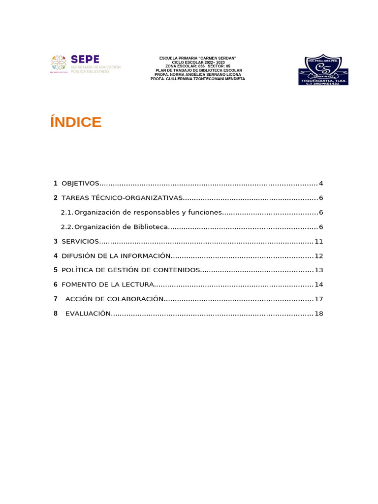 Plan de Trabajo Biblioteca Escolar 2022-2023 | PDF | Biblioteca escolar ...