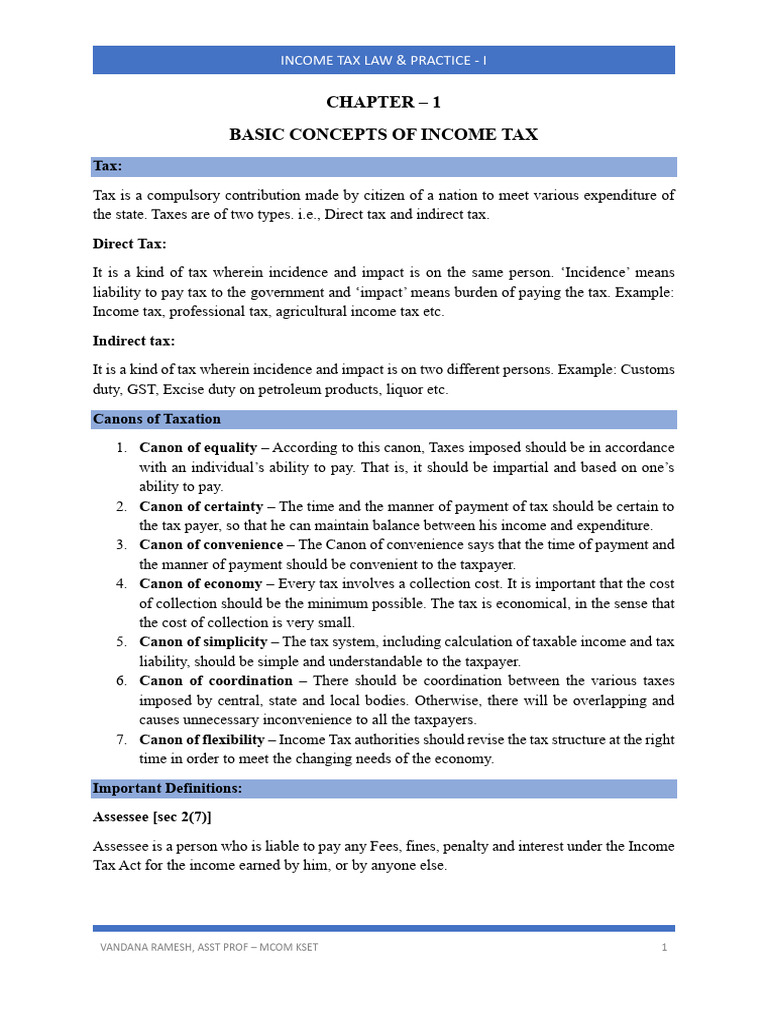Unit 1 - Basic Concepts of Income Tax | PDF | Taxes | Direct Tax