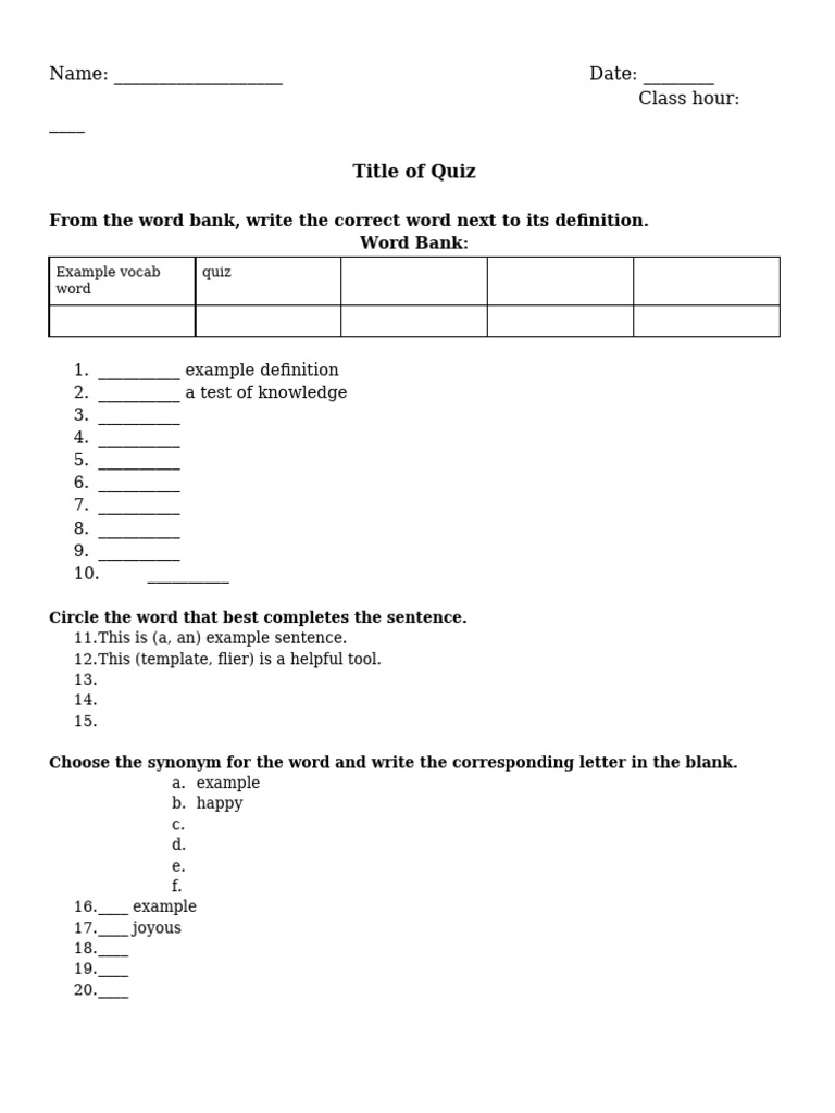 Vocabulary Quiz Template | PDF