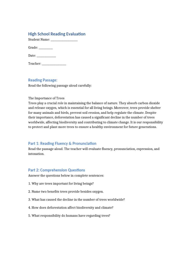 High School Reading Evaluation Guide | PDF