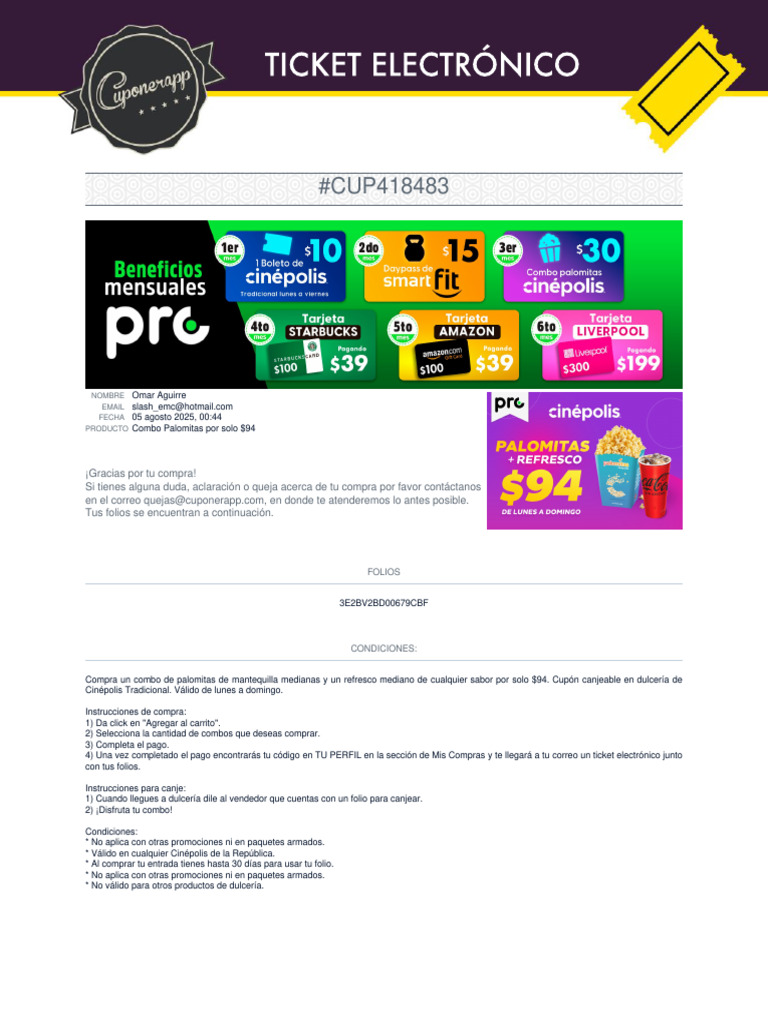 Ticket Electrónico Combo Palomitas | PDF