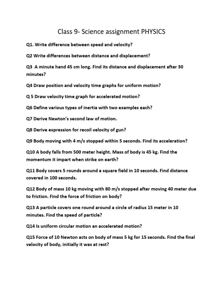 Class 9 Physics Assignemnt | PDF