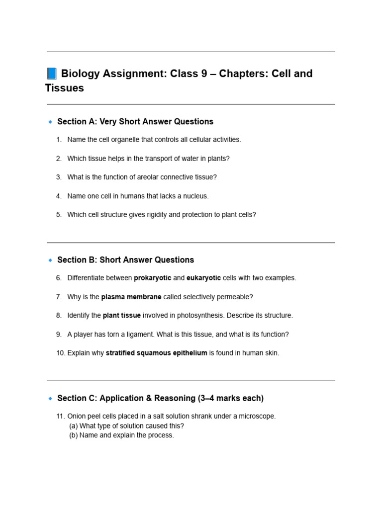 Holidays Homework Biology IX | PDF