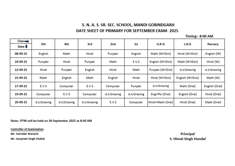 September 2025 Primary Exam Schedule | PDF