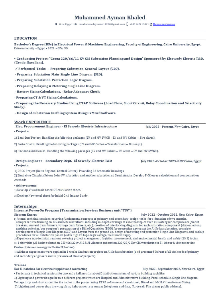 CV-mohammed Ayman Khaled-1 | PDF | Electric Power Distribution | Electromagnetism