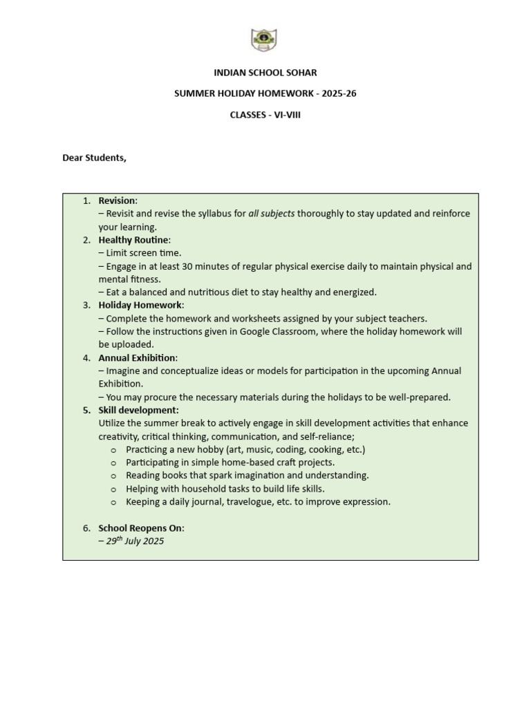 Summer Homework for Classes VI-VIII 2025-26 | PDF | Homework