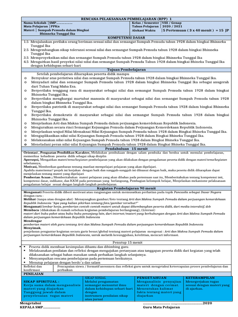 RPP 5. Sumpah Pemuda Dalam Bingkai Bhinneka Tunggal Ika | PDF