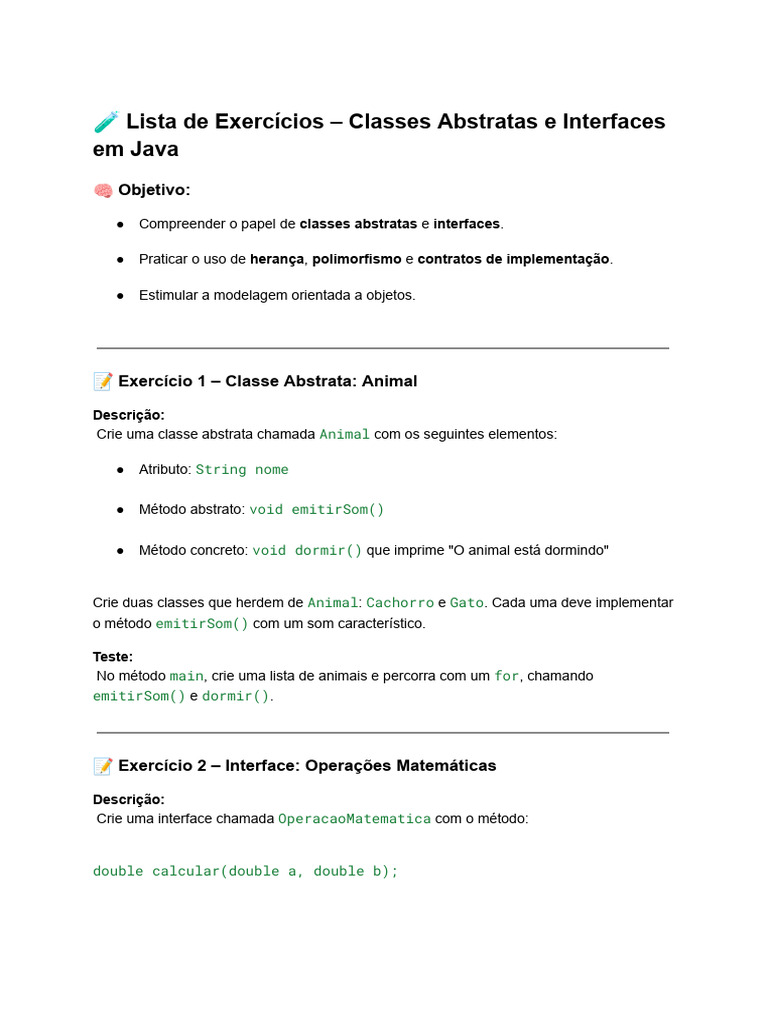 Lista De Exercícios Classes Abstratas E Interfaces Em Java Pdf