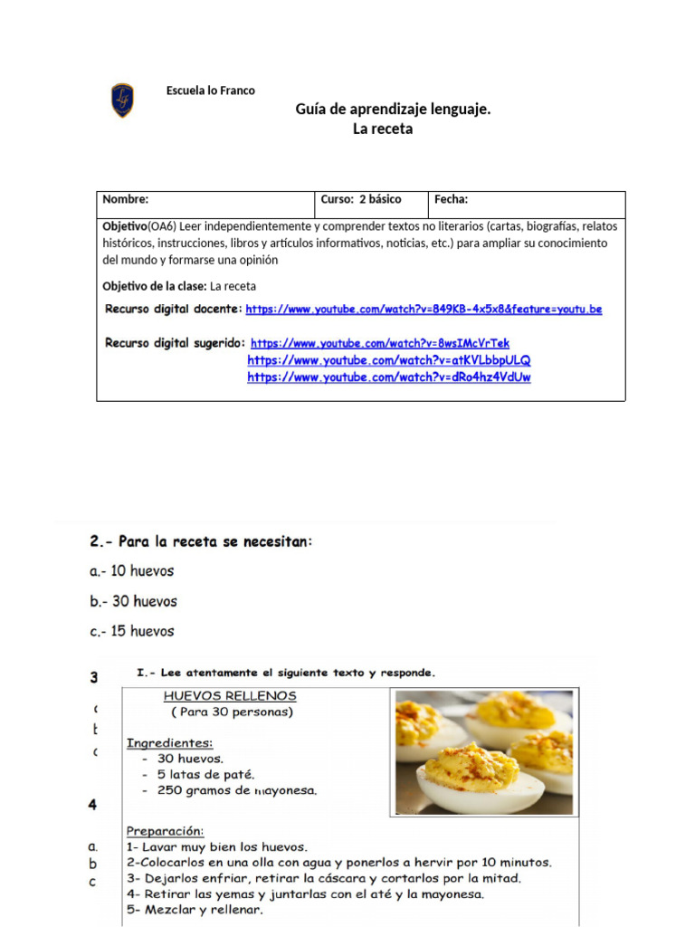 Guía de Aprendizaje: La Receta 2° Básico | PDF
