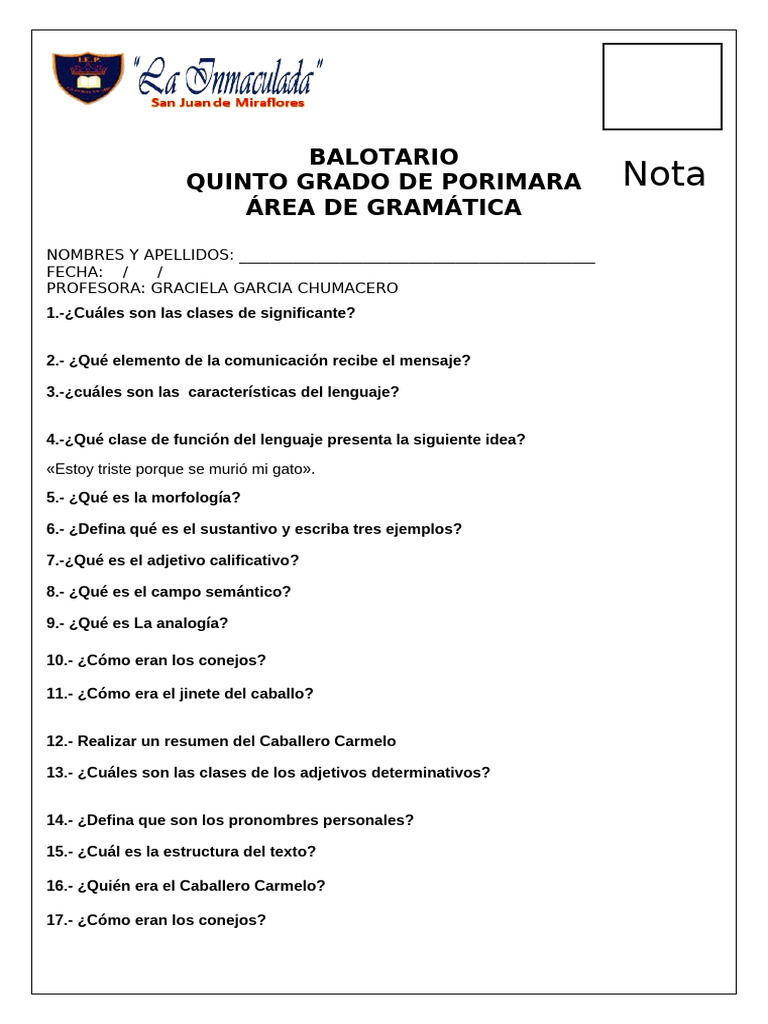 Balotario Preguntas Quinto Grado Primaria 2024 | PDF | Adjetivo | Sintaxis