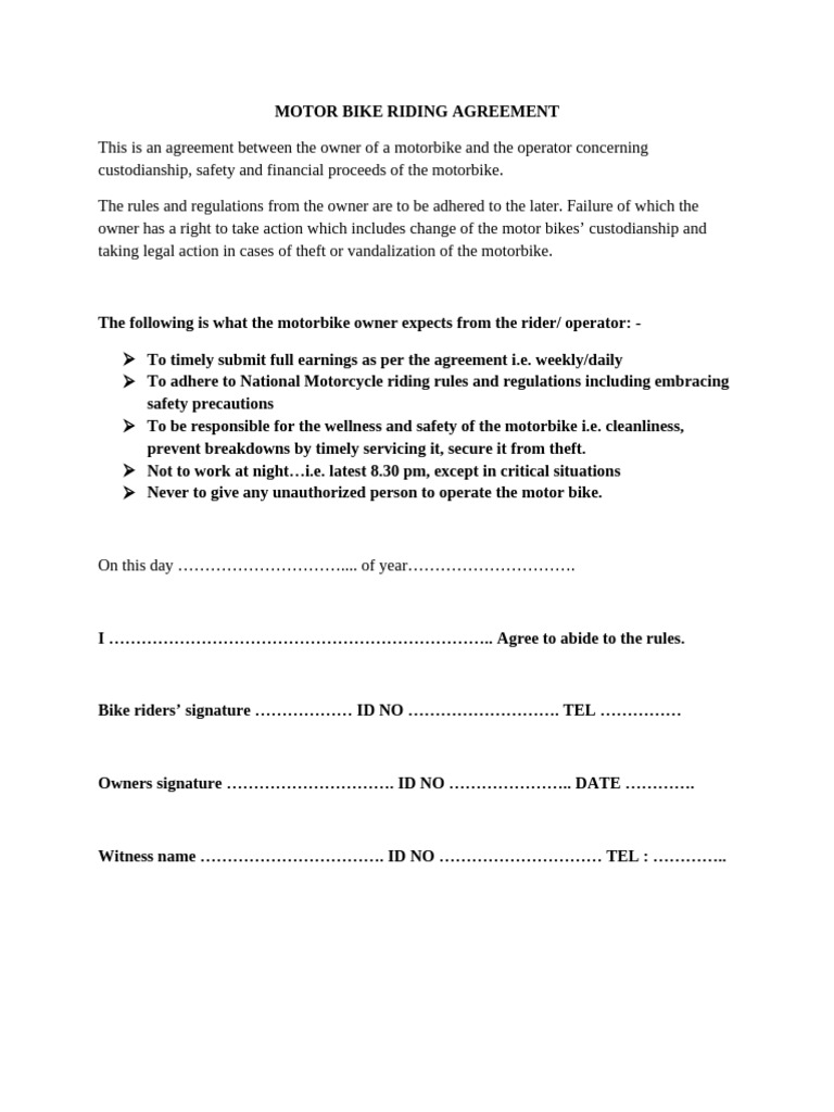Motorbike Riding Agreement Template | PDF