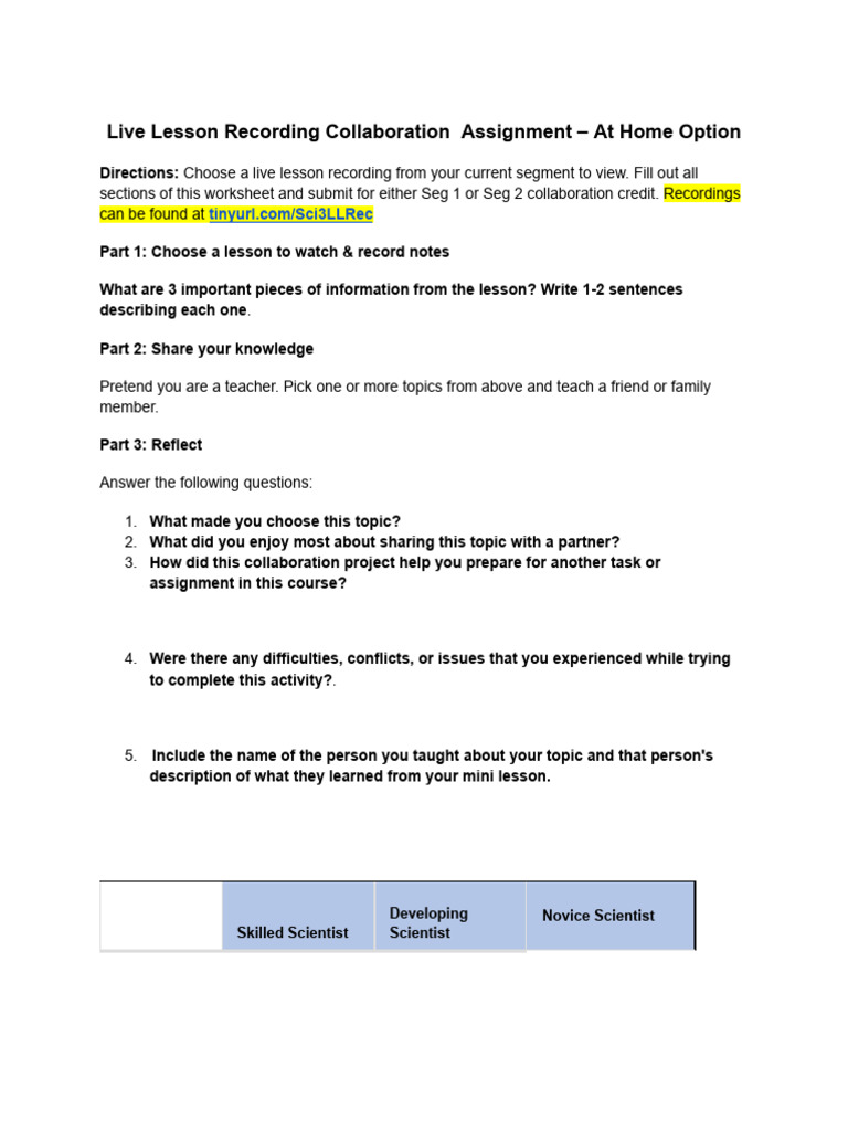Live Lesson Recording Collaboration Assignment - at Home Option | PDF ...