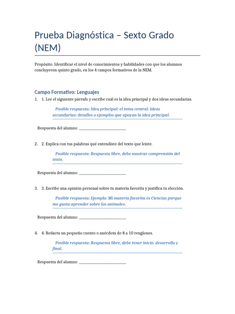 Prueba Diagnostica 6to Nem Pdf