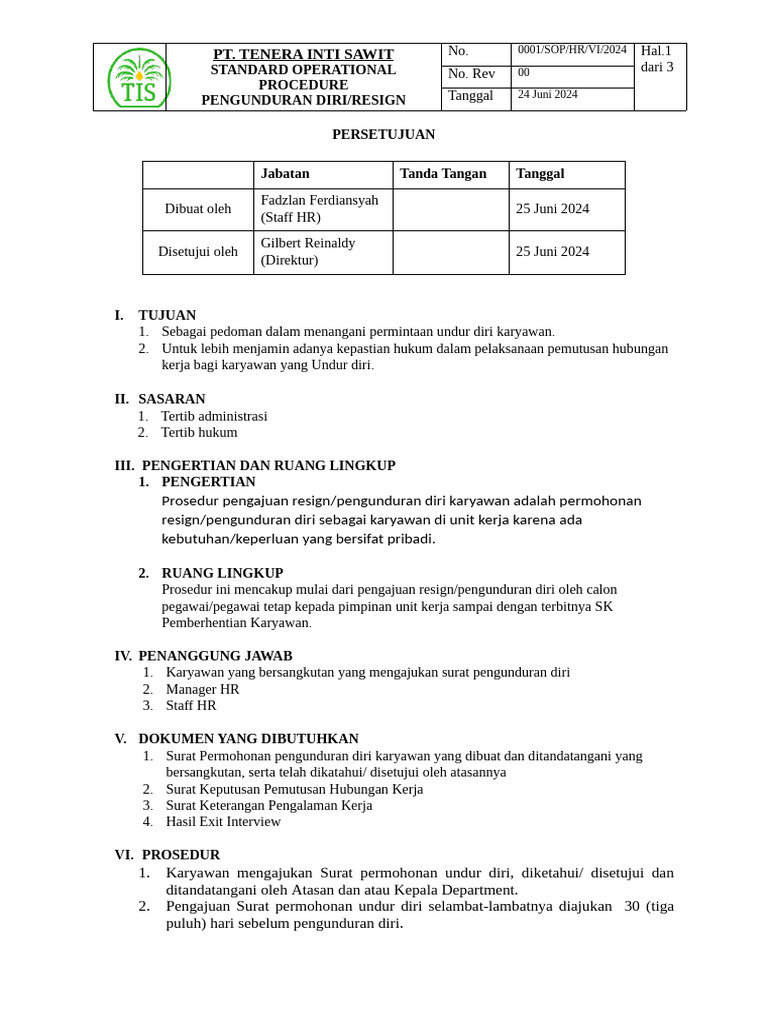 Prosedur Resign Karyawan PT Tenera | PDF