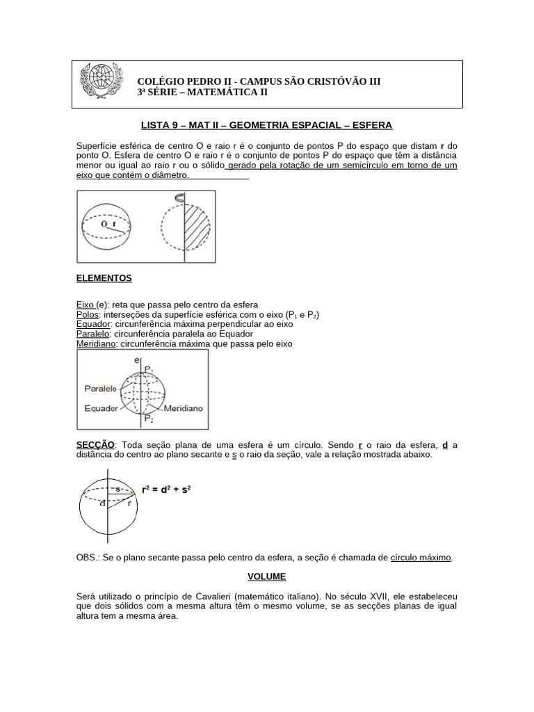 Geometria Espacial: Esfera e Cálculos | PDF | Esfera | Círculo