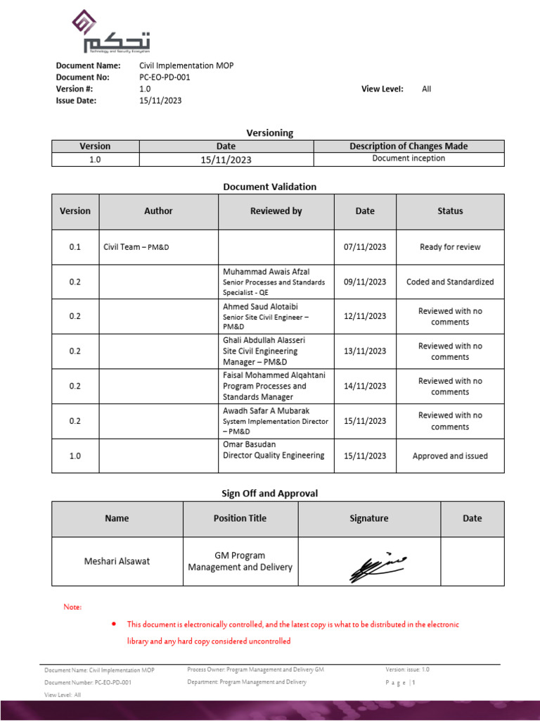Civil Implementation MOP V1.0 | PDF