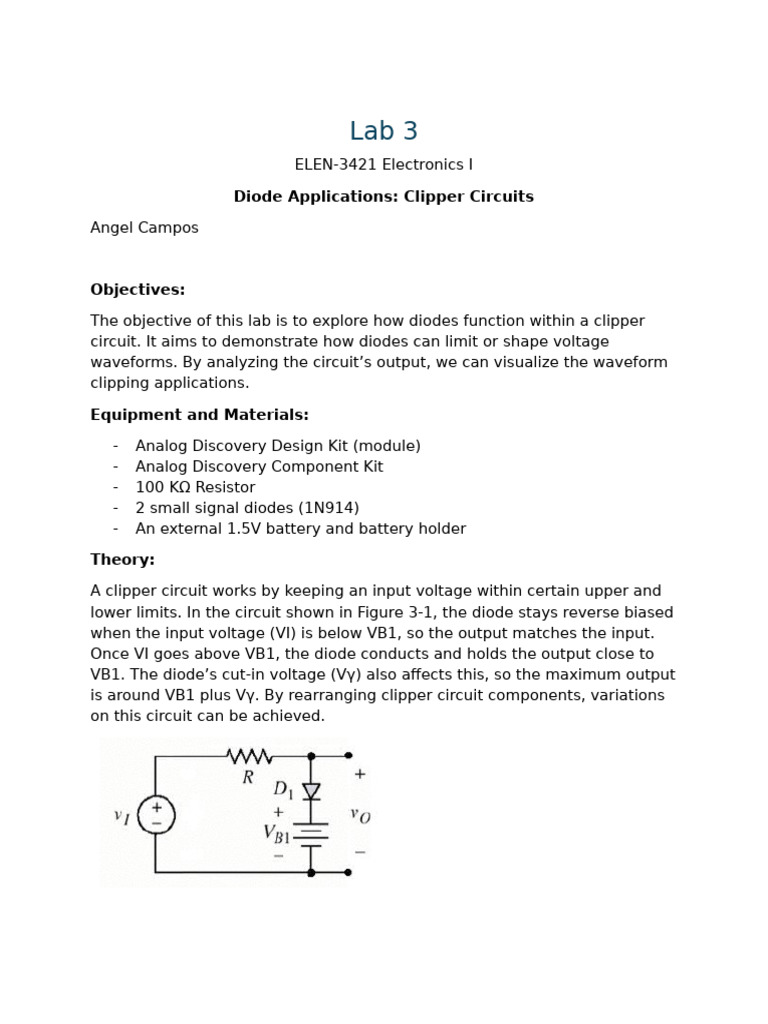 Angel Campos ELEN 3421 Lab 3 | PDF | Diode | Electrical Network