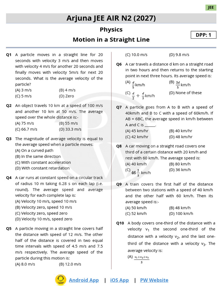 Motion in A Straight Line - DPP 01 - Arjuna JEE AIR N2 (2027) | PDF | Speed | Velocity