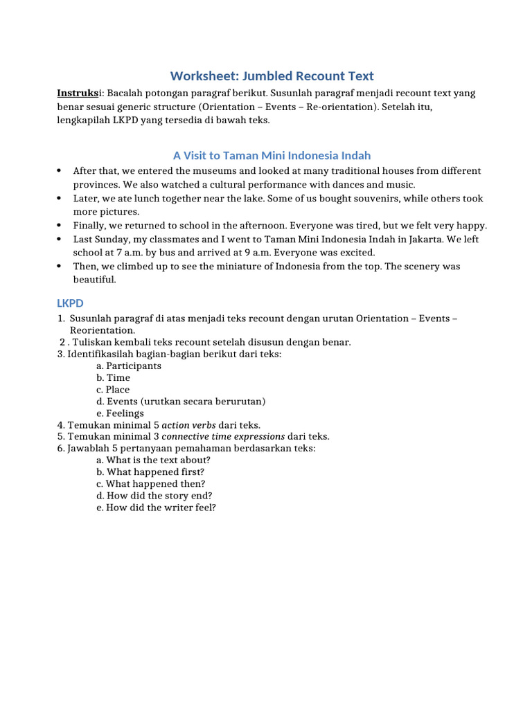 Worksheet Jumbled Recount Text | PDF