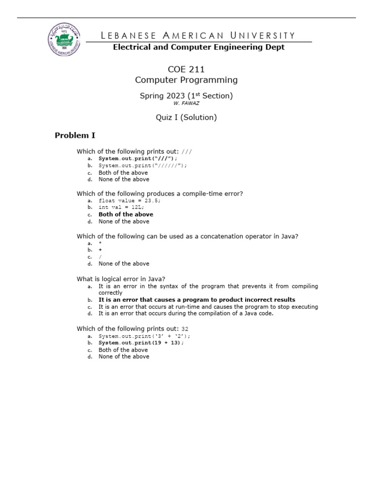 Java Programming Quiz Solutions 2023 | PDF | Computer Program | Programming