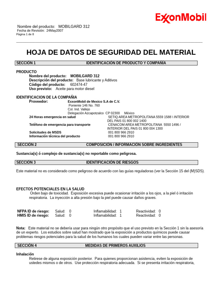 Hoja de Seguridad MOBILGARD 312 | PDF | Agua | Ventilación (Arquitectura)