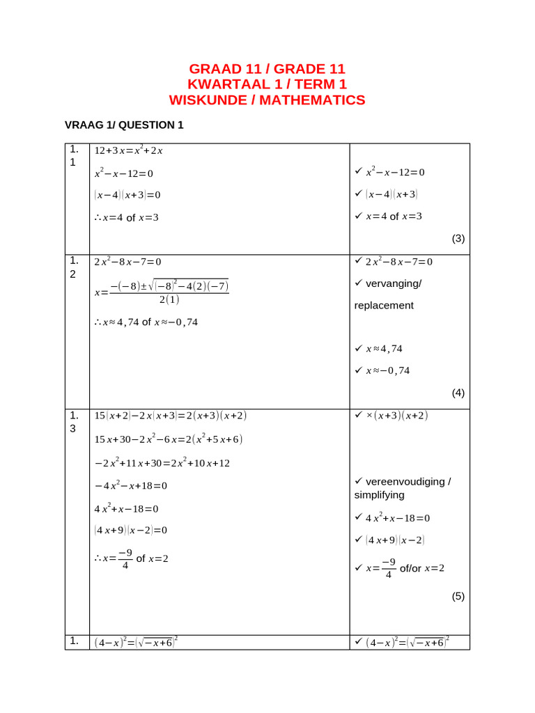 Grade 11 Mathematics Term 1 Questions | PDF