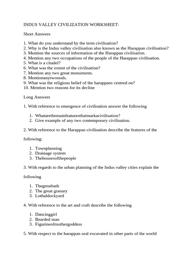 Indus Valley Civilization Worksheet | PDF | Indus River