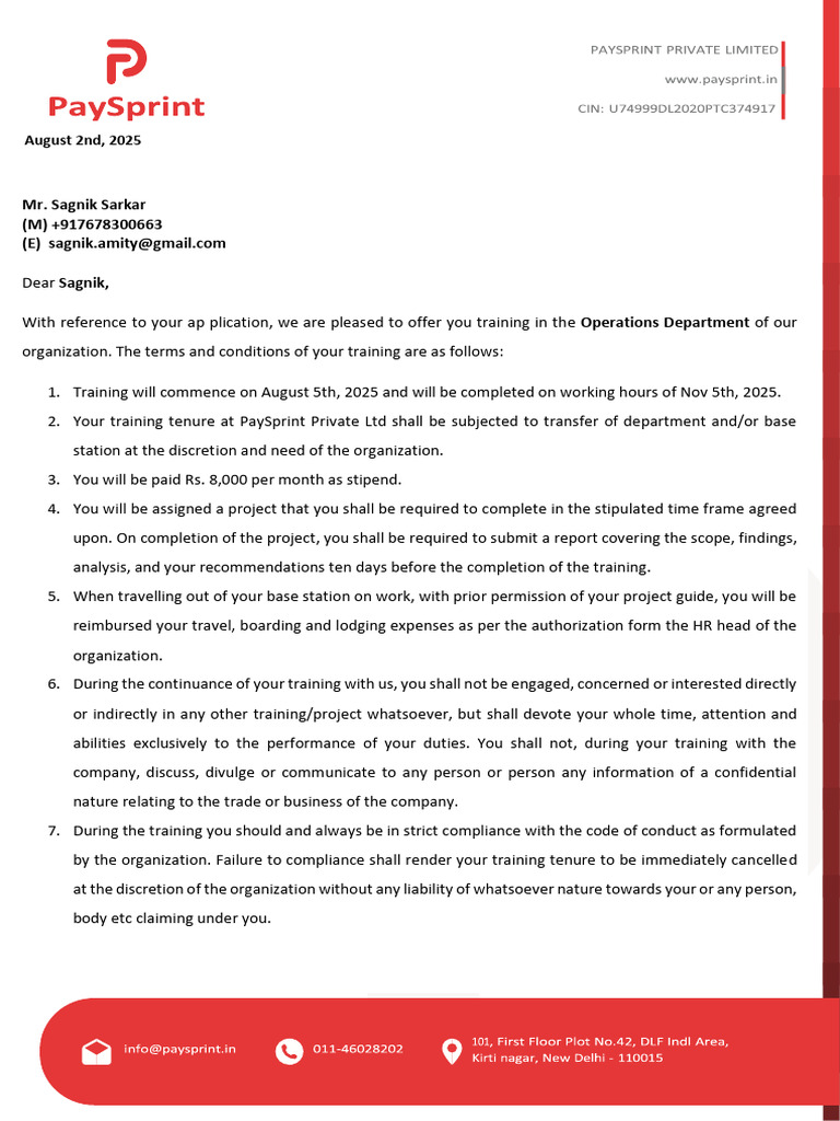 Offer Letter - Sagnik Sarkar | PDF | Civil Law (Legal System) | Common Law