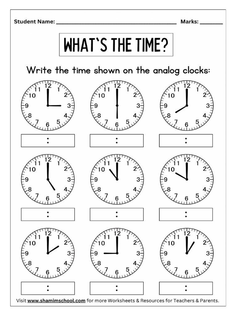 What's The Time Clock Mathematics Worksheet in Purple Bold Style | PDF