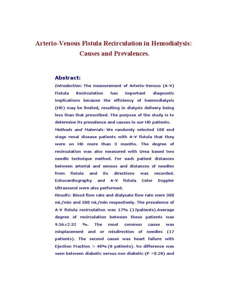 Arterio-Venous Fistula Recirculation in Hemodialysis: Causes and ...