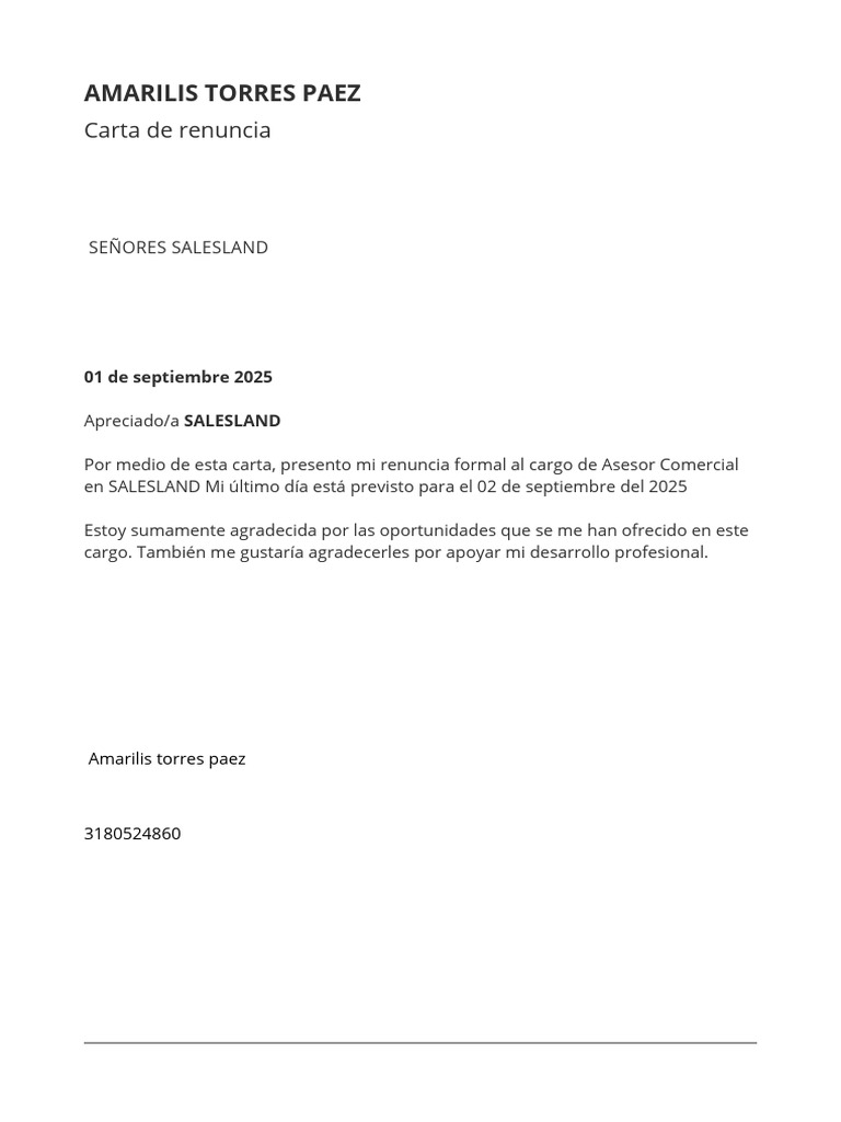 Carta de Renuncia en Blanco Diseño Sencillo en Color Blanco y Negro ...