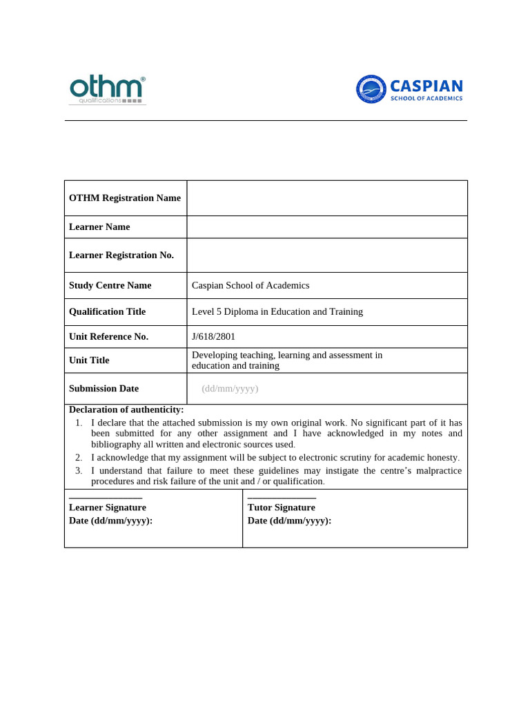 OTHM DET Unit 801 Assignment Template Word Format | PDF | Learning | Learning Theory (Education)