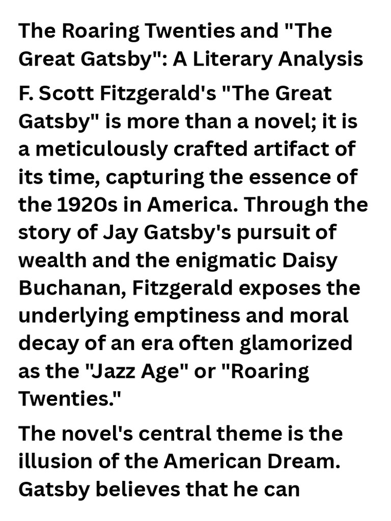 The Roaring Twenties and The Great Gatsby A Literary Analsis | PDF