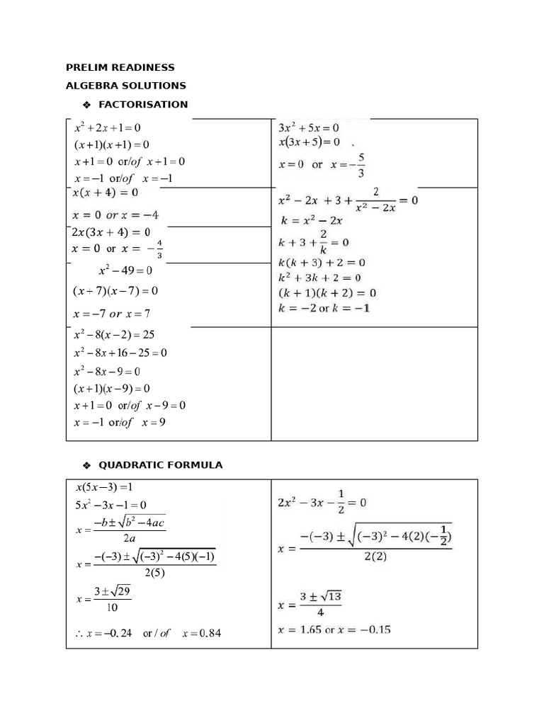 Prelim Readiness Algebra | PDF