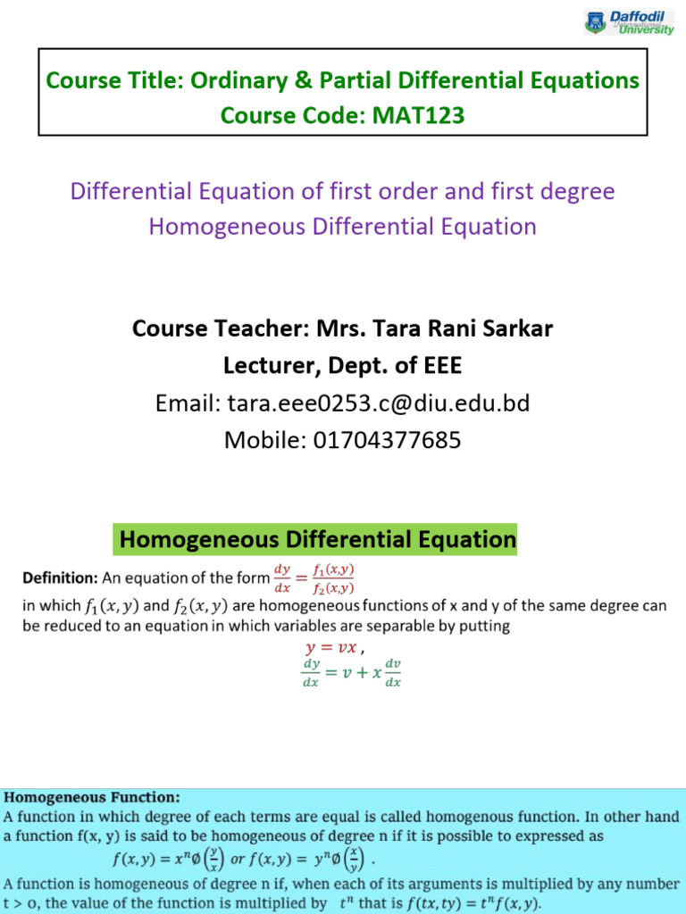 Homogeneous Differential Equations Exercise | PDF