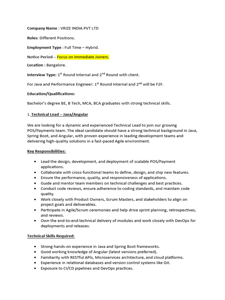 Job Openings at VRIZE India: Tech Roles | PDF | Software Development | Emv