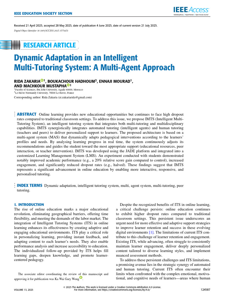 Dynamic Adaptation in Multi-Agent Tutoring | PDF | Learning | Expert