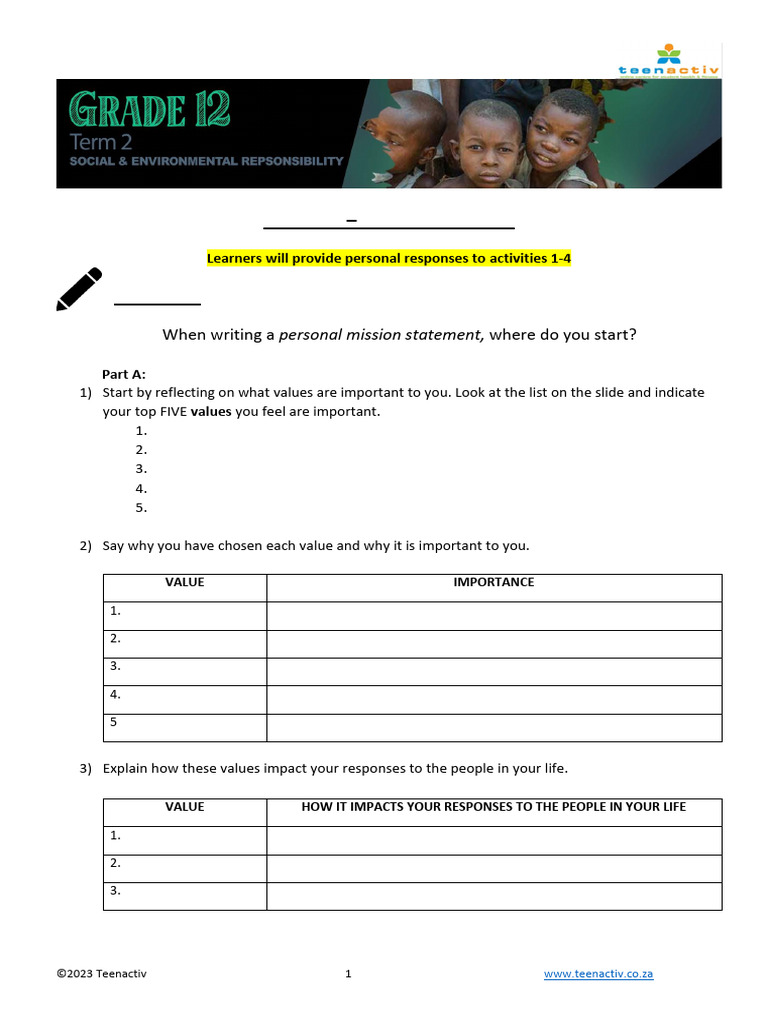 Personal Mission Statement Worksheet | PDF | Plants | Water