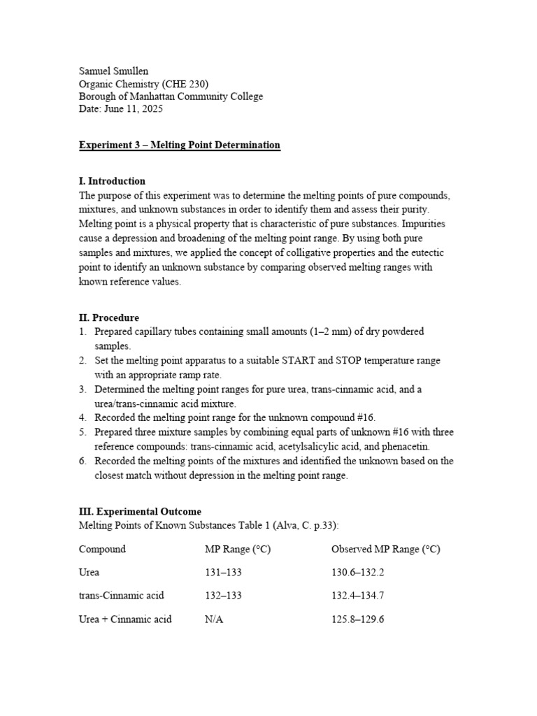 Melting Point Determination Experiment | PDF | Melting Point | Chemical ...