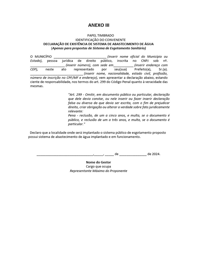 Anexo III Declaracao de Existencia de Sistema de Abastecimento de Agua ...