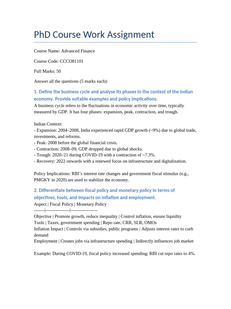 PHD Advanced Finance Assignment | PDF | Fiscal Policy | Recession