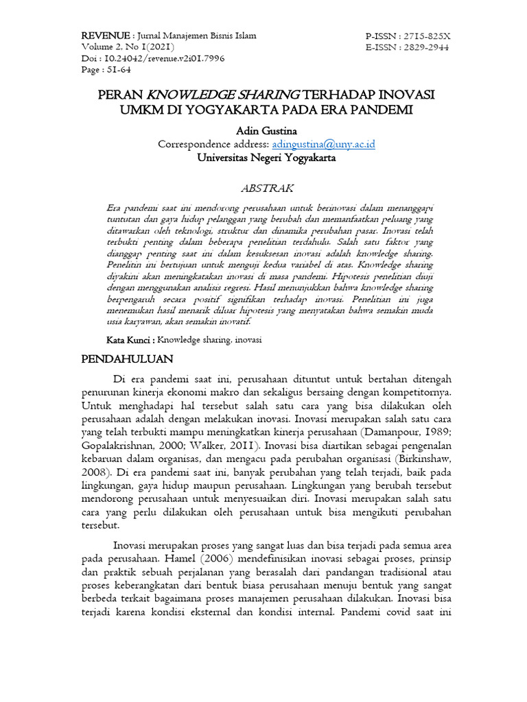 Peran Knowledge Sharing Terhadap Inovasi UMKM Di Yogyakarta Pada Era Pandemi (Gustina, 2021) . | PDF